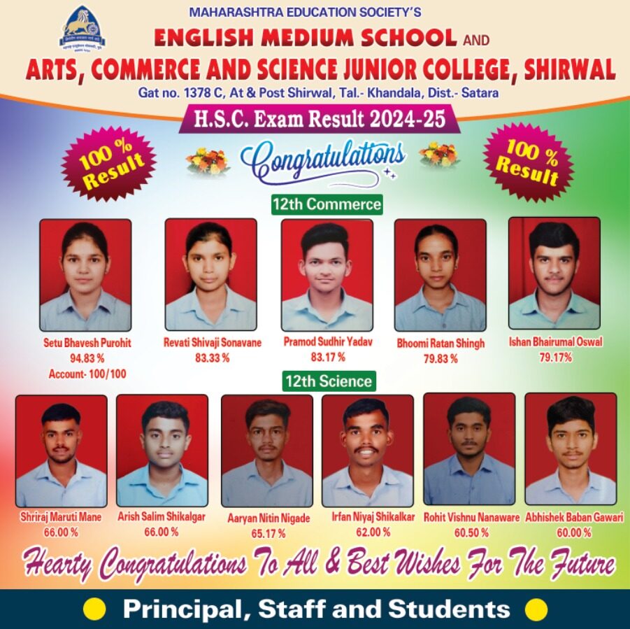 HSC Result 2024-25 – MES English Medium School, Shirwal